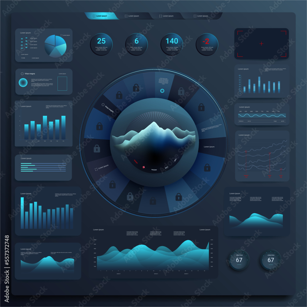 Infographic dashboard template mock up design with bit circular round ...