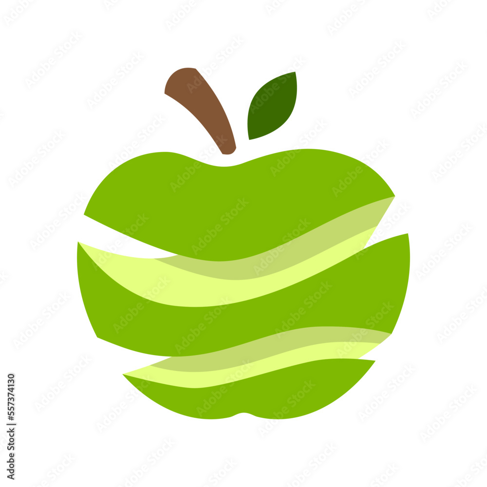 Peeled green apple with a stem and a leaf. The Granny Smith sour apple ...