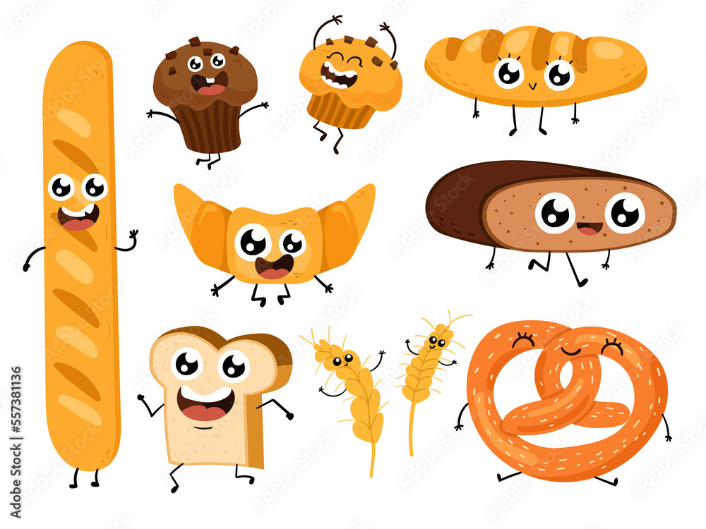 Bread Characters Funny Delicious Bakery Pastries Cartoon Happy Breads
