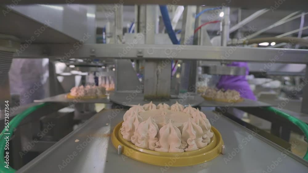 Cakes on a conveyor belt. Large automated production of cakes. Making ...