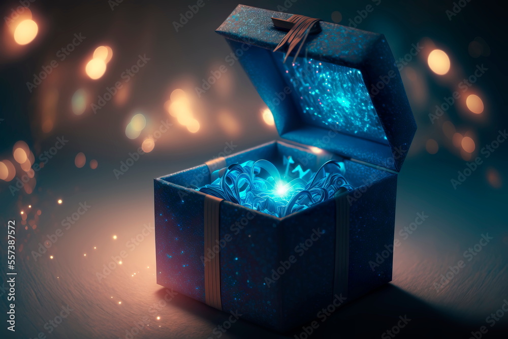 Realistic gift box with magical shining . Blue open gift box with ...