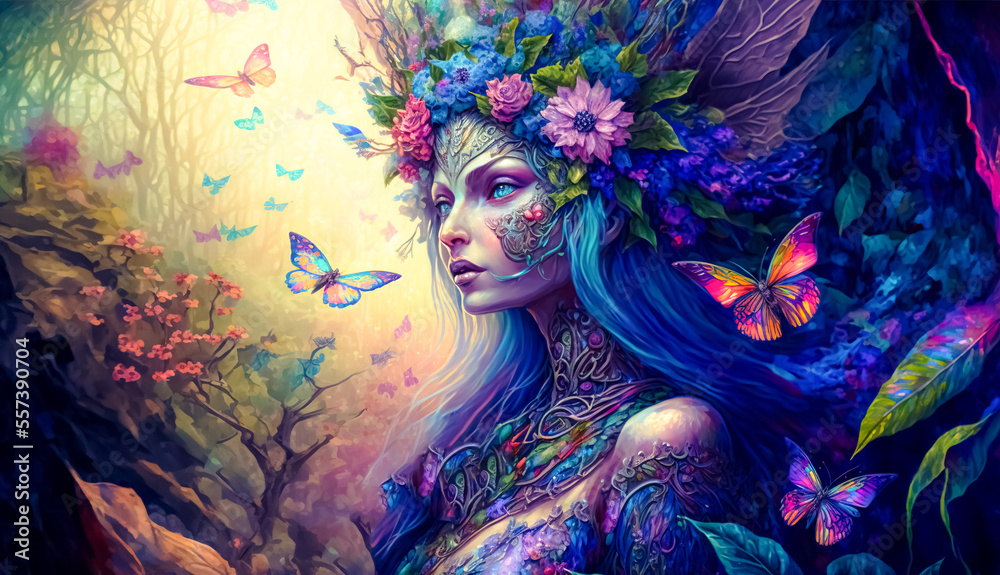 Enchanted fairy with wings in a fantasy magical forest with butterflies, magic flowers and huge ...