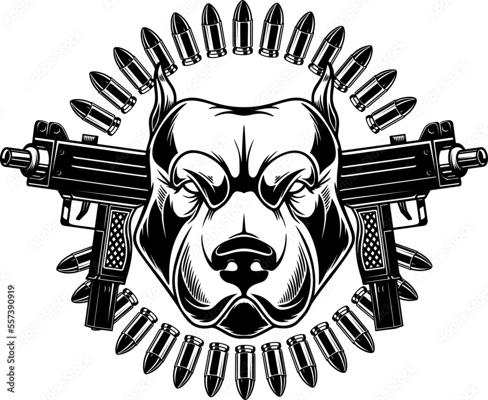 Angry dog head with crossed assault rifles. Design element for poster ...