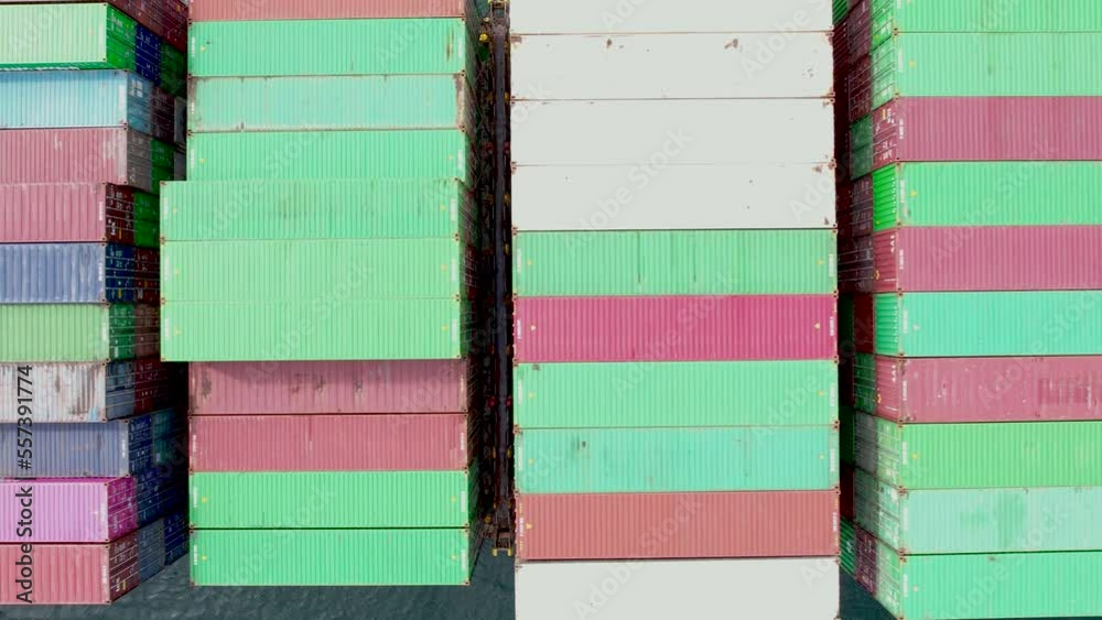 Large container ship at sea. Top down view. Cargo container ship vessel ...