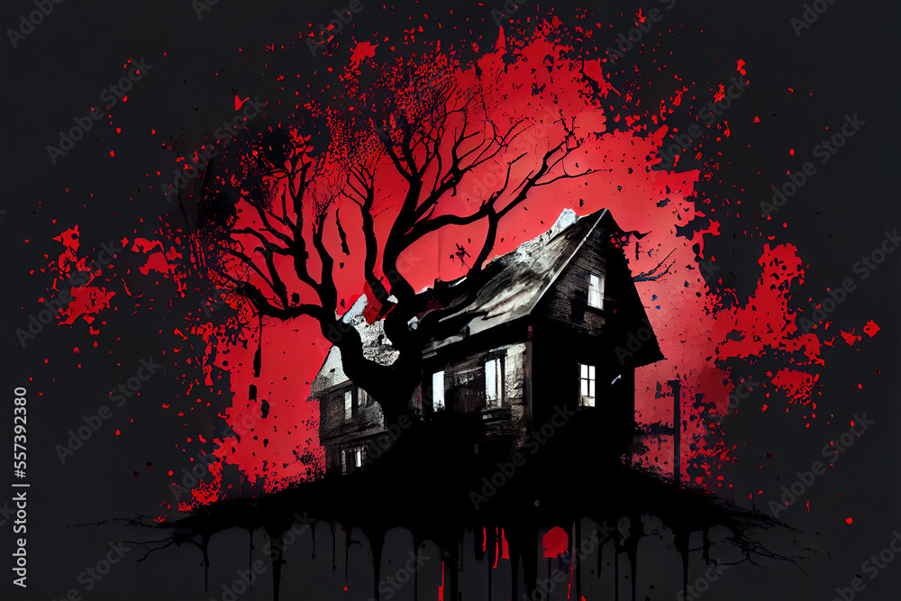 Old house of horror. Black and white with red blood splatters ...