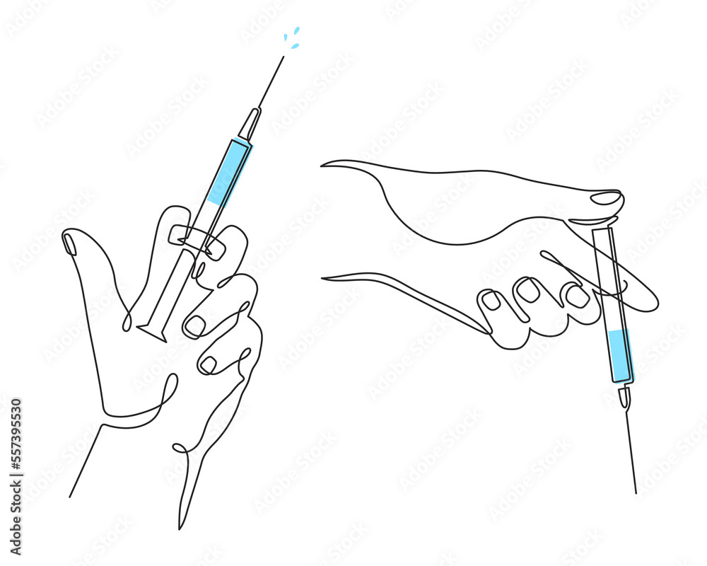 Hand holding syringe,one line art,continuous contour,hand drawn ...