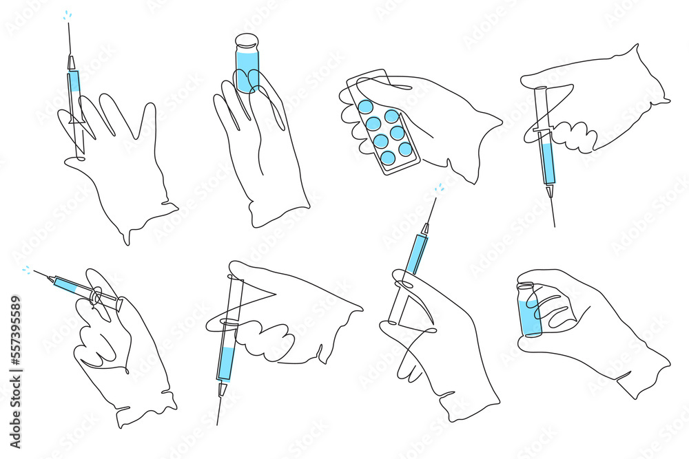 Medical set.Gloved hands holding syringe,test tube and pillss,one line ...