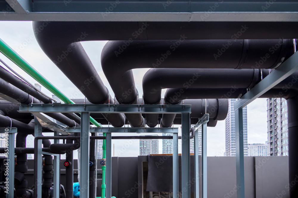 Pipe of air conditioner system on roof. a lot of pipe for air ...