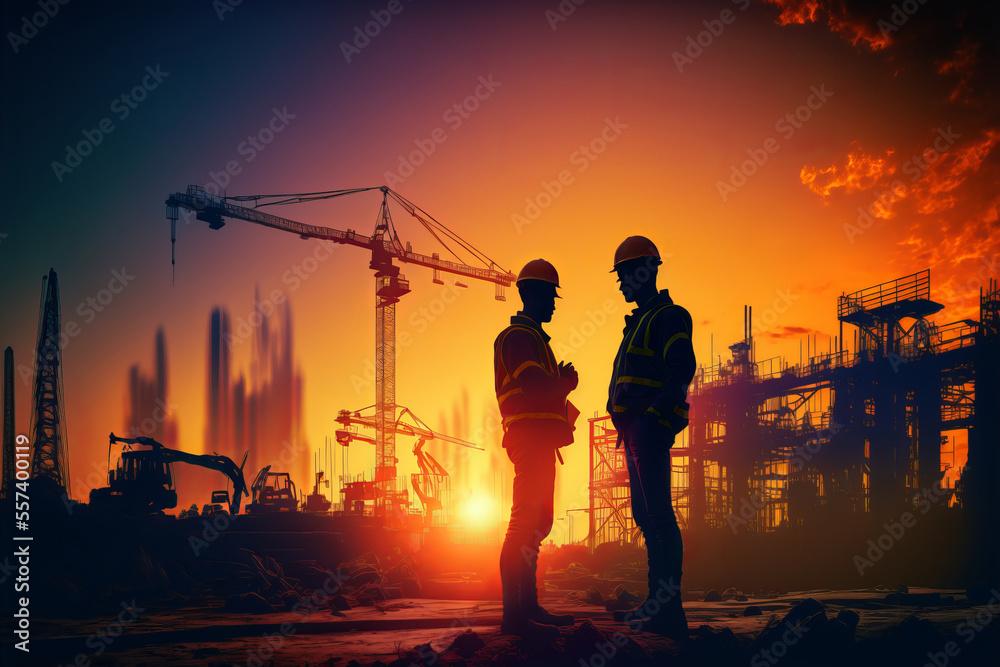 Silhouette of engineer and worker checking project with background of ...