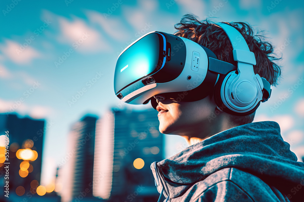 Teenager wearing VR virtual reality metaverse headset. Future game and ...