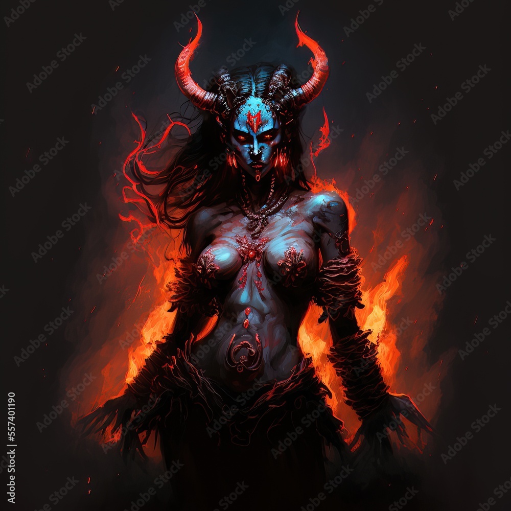 beautiful female demon with glowing eyes and red skin and horns Stock Illustration | Adobe Stock