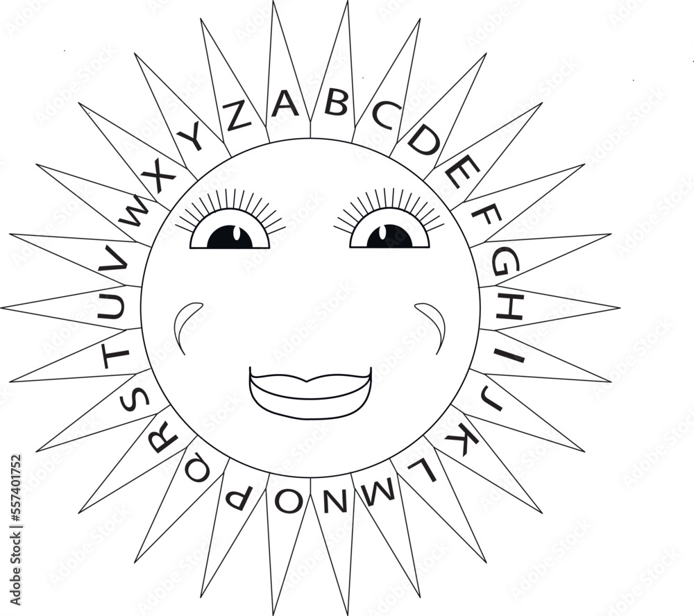 Vector sun black line print, illustration for coloring book with ...