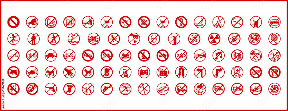 Prohibition Forbidden Signs Symbol Set. Banned, Crossed Out, Not ...