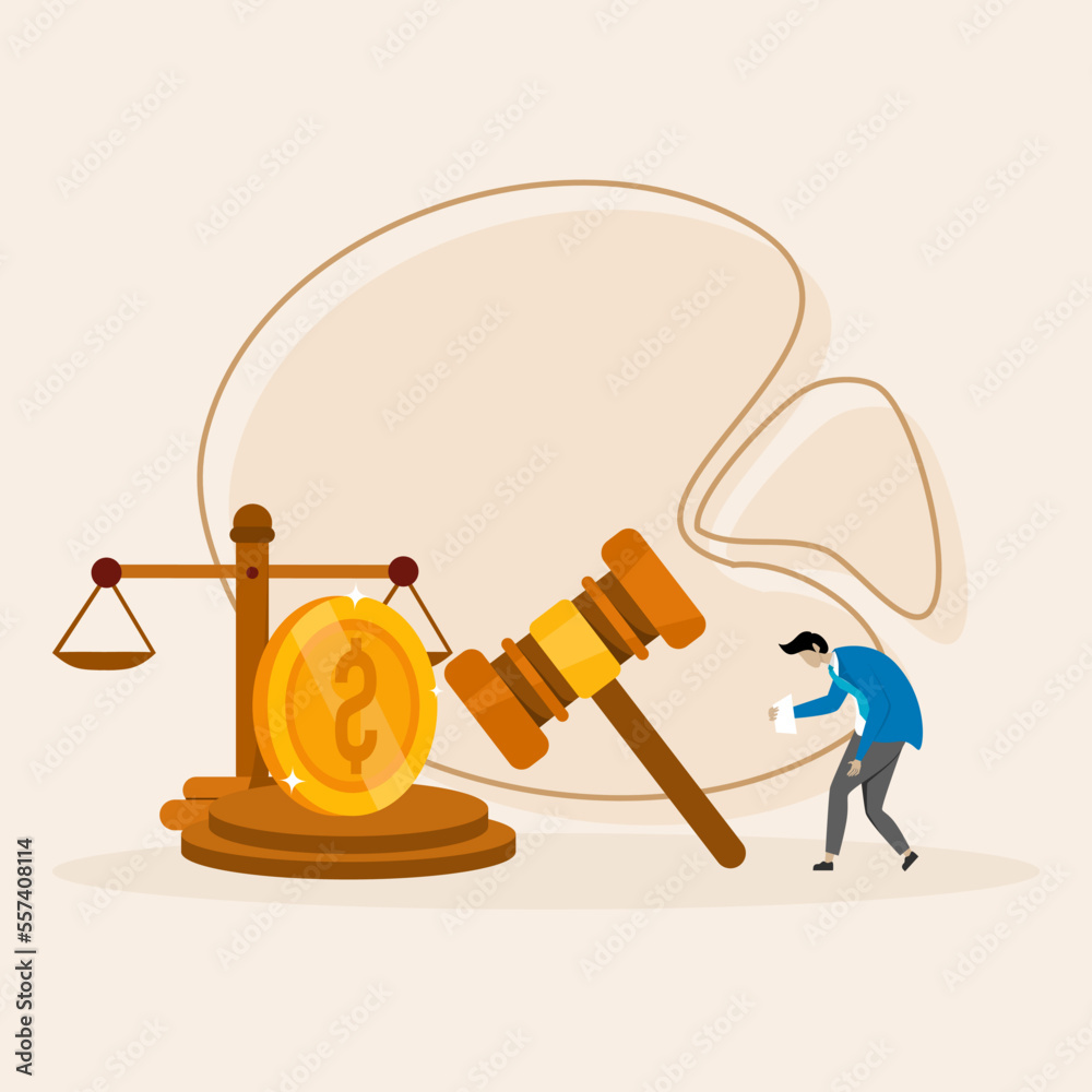 sad man holding fine notice with legal gavel over pile of money coins ...