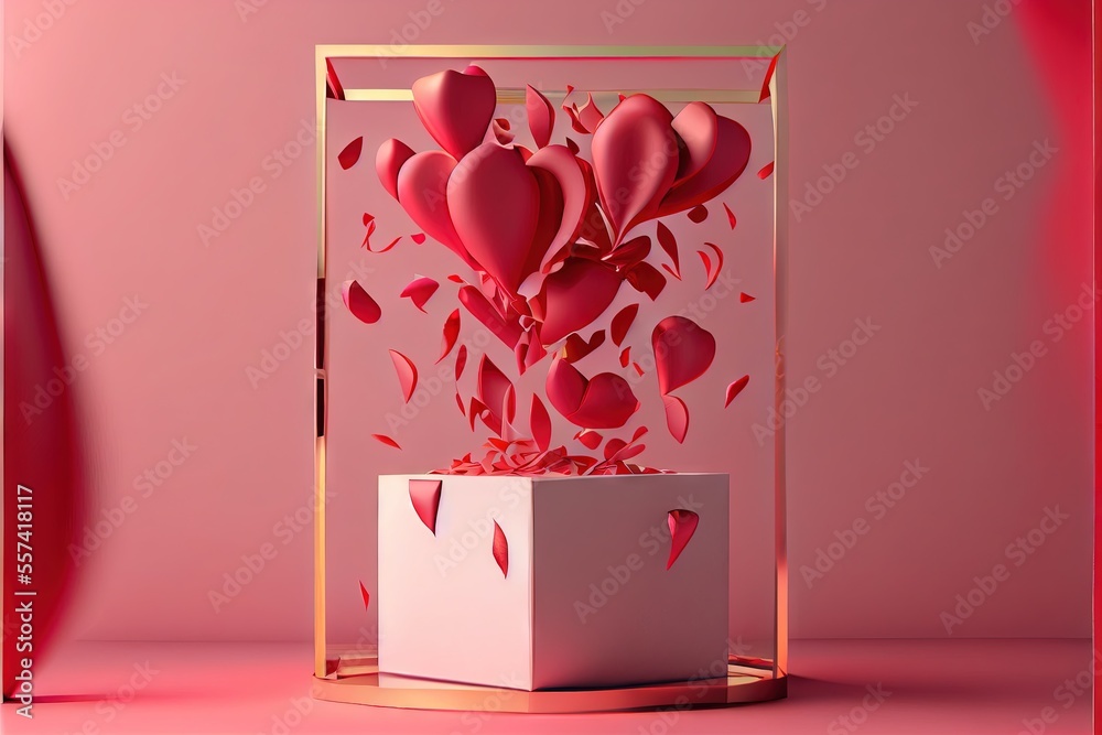 3D podium display background. Red surprise open gift. AI generated art ...