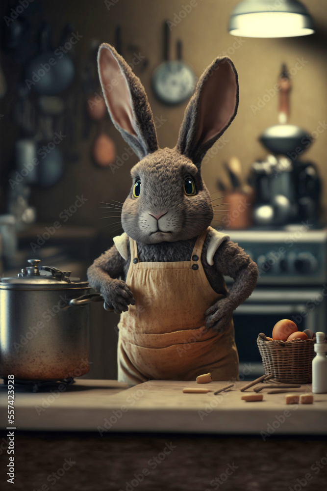 süßer Hase mit Kochschürze kocht Ostereier für Ostern ilustración de ...