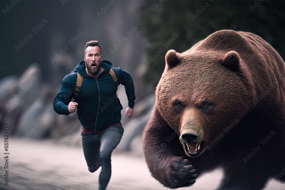 Man running from a grizzly bear. Generative AI Stock Illustration ...