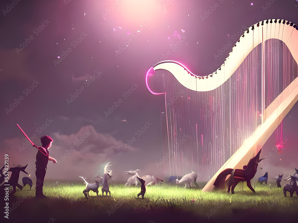 boy surround by animals playing on the giant glowing harp, digital art ...