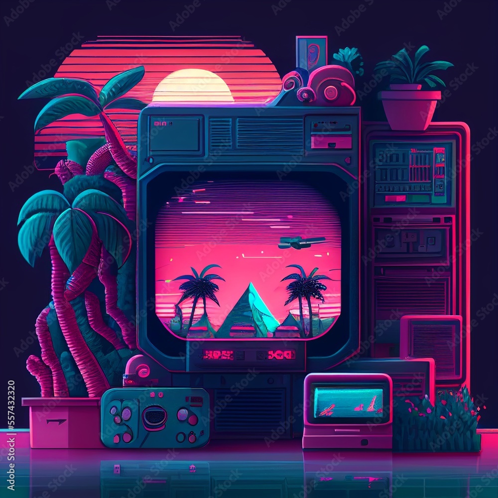 Arcade machine with screen and landscape on pixel art background. AI ...
