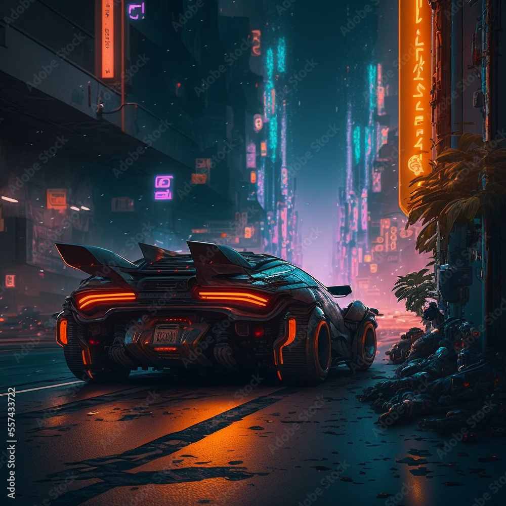 ai generated art of a car drive in the cyberpunk city, scifi, retrowave ...