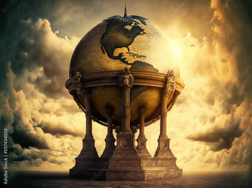 Ancient monument integrating a giant map of the world, against the ...