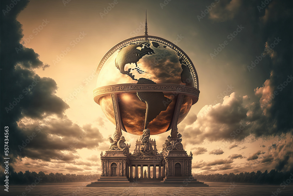 World map integrated in a rich architectural building. Colored clouds ...