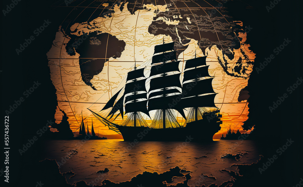 Beautiful image of a renaissance sailing ship, with a world map in the ...