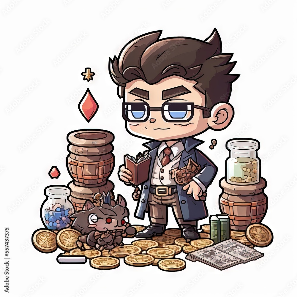 a cartoon character standing next to stacks of coins and a cat with ...