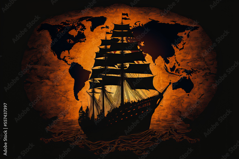 Silhouette of a large Renaissance sailing ship on a vintage world map ...