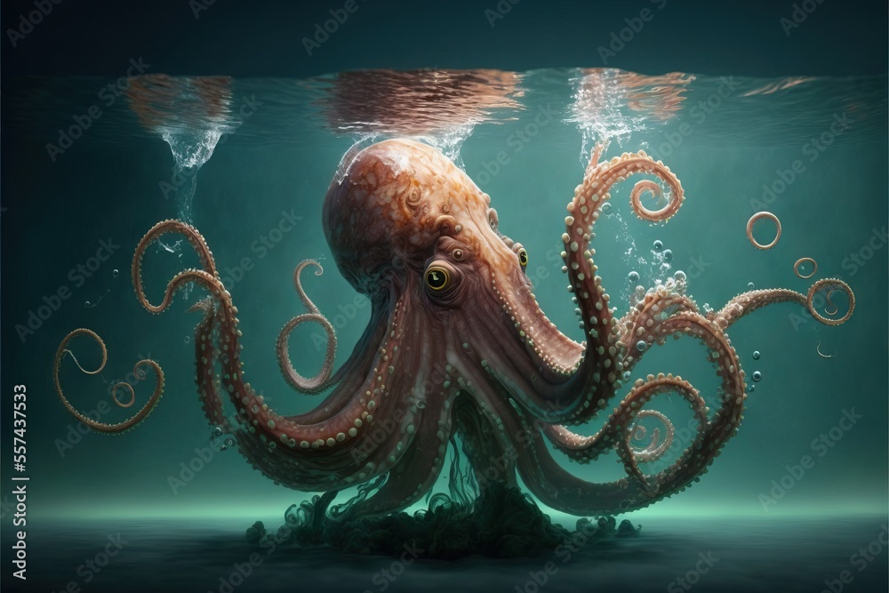 an octopus is swimming in the water with bubbles and bubbles around it ...