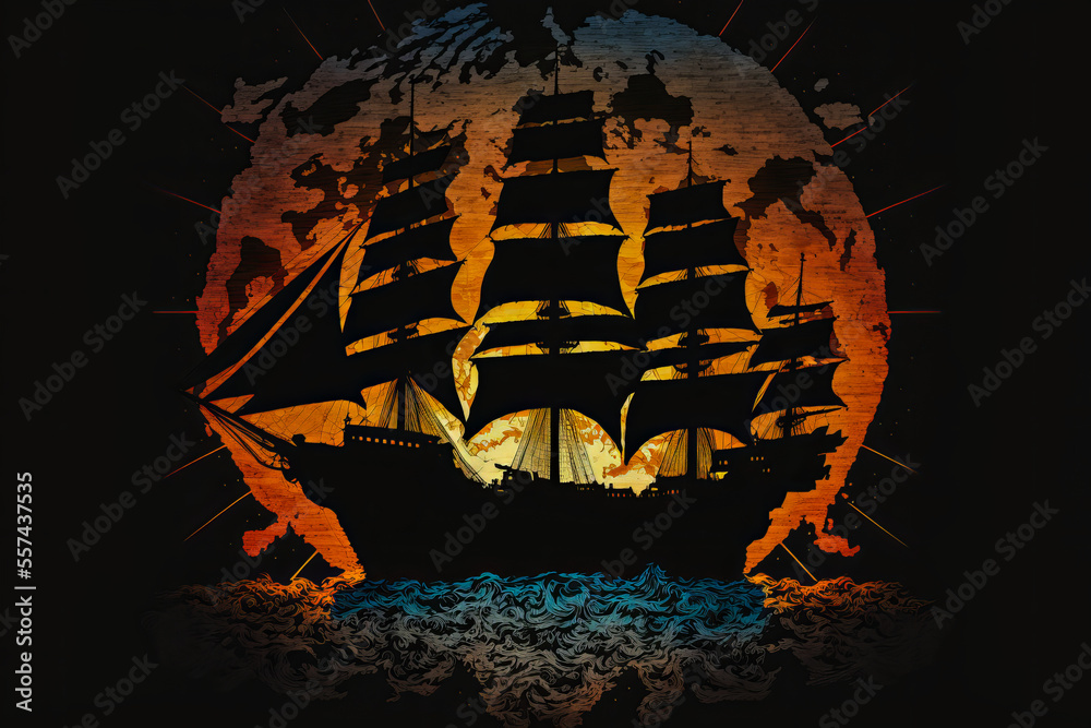 Beautiful silhouette of a Renaissance tall ship and its vintage world ...