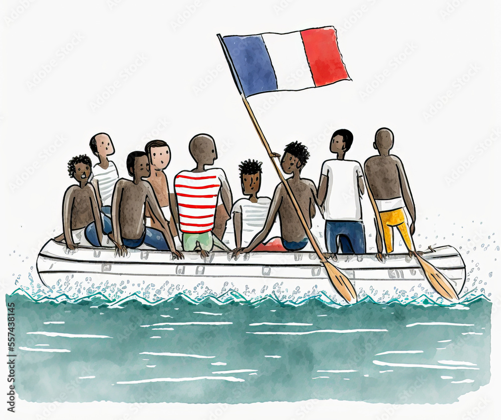 A fragile boat full of African people and a family, trying to find ...