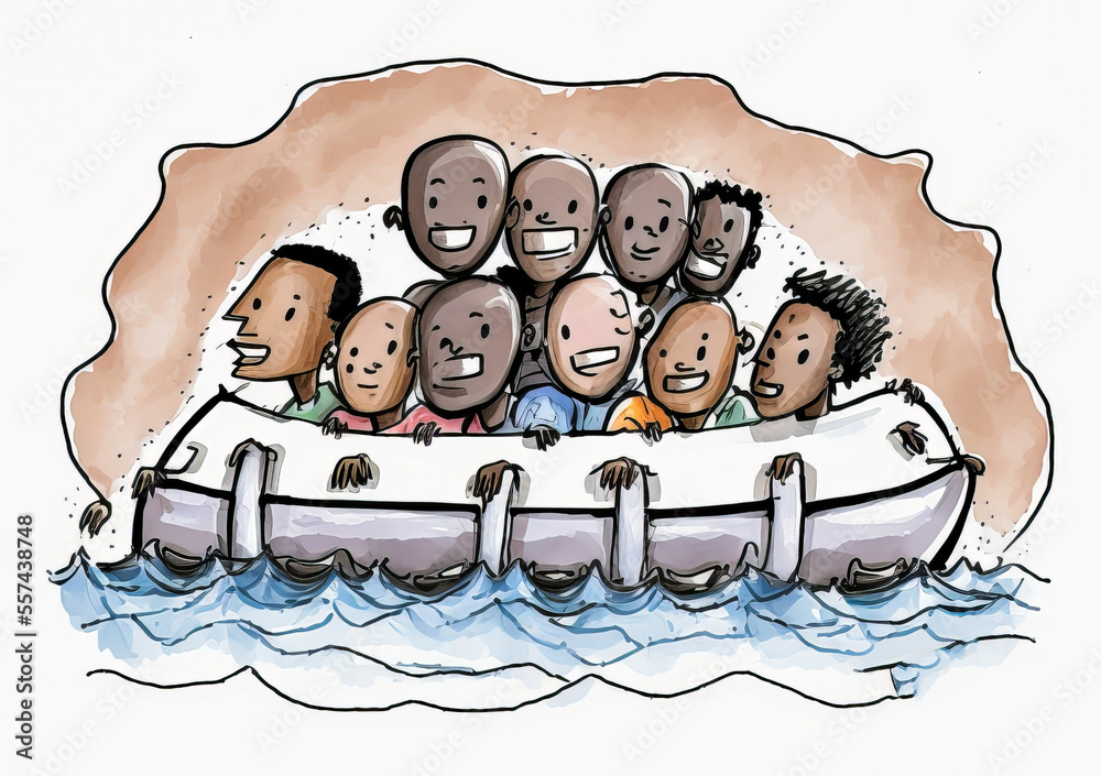 A ship full of African migrants on the Mediterranean Sea, illustrating ...