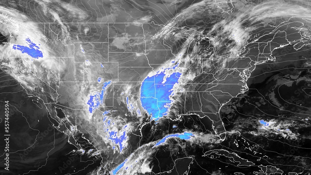 Satellite weather map over North America overlayed with atmospheric ...