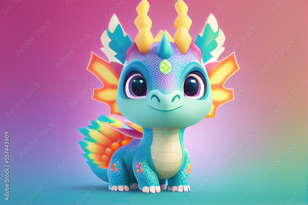 A mythical rainbow dragon generated in a 3D style in a variety of ...