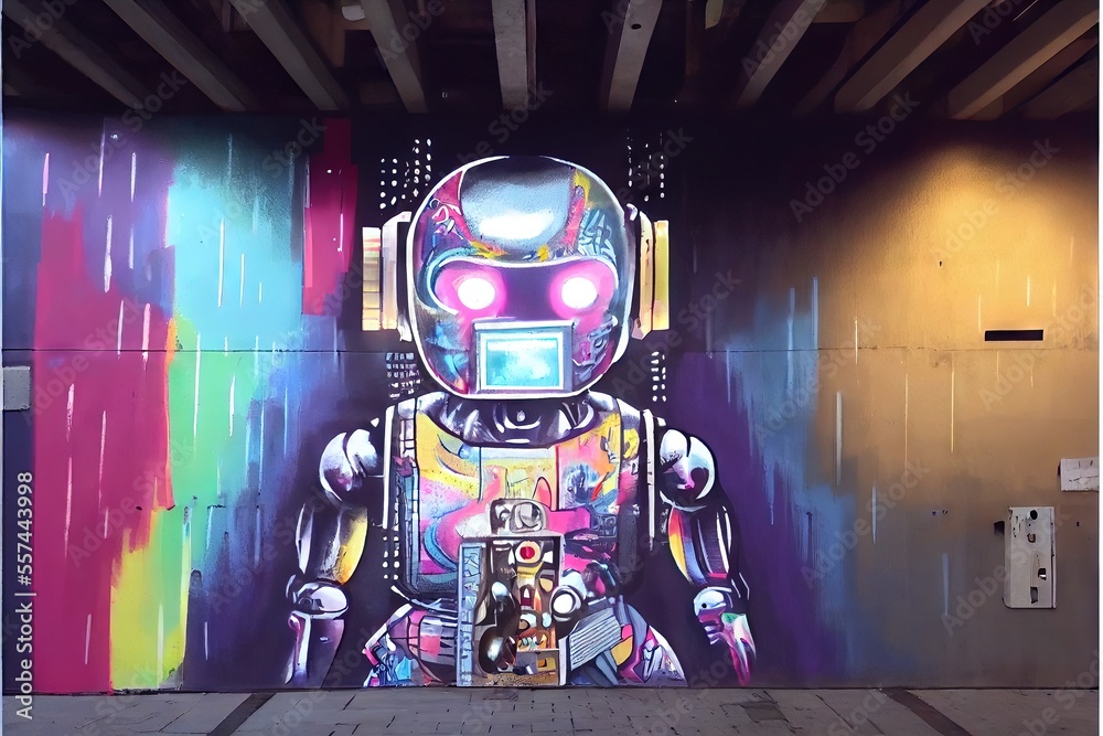 Generative AI image of robot graffiti. Robotic street artist with ...