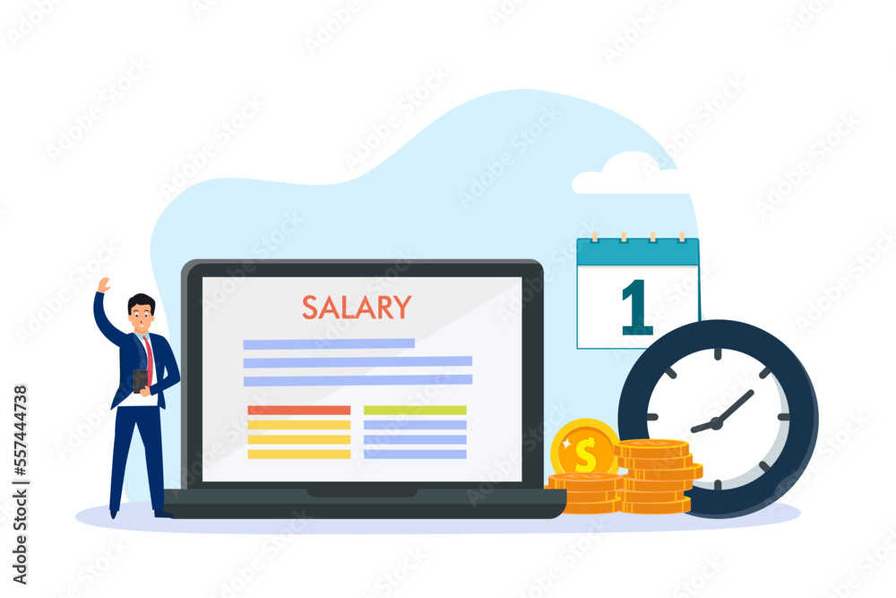 Salary payment document on laptop computer screen with coin and clock ...