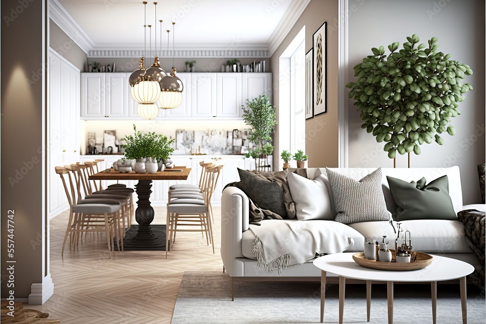 4K resolution or higher, Modern dining room with white wall Interior ...
