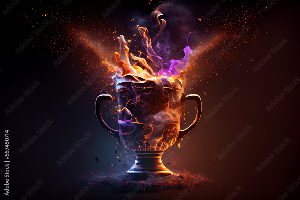 Burning Winners' Cup made of fire, sparks and smoke. Success conceptual ...