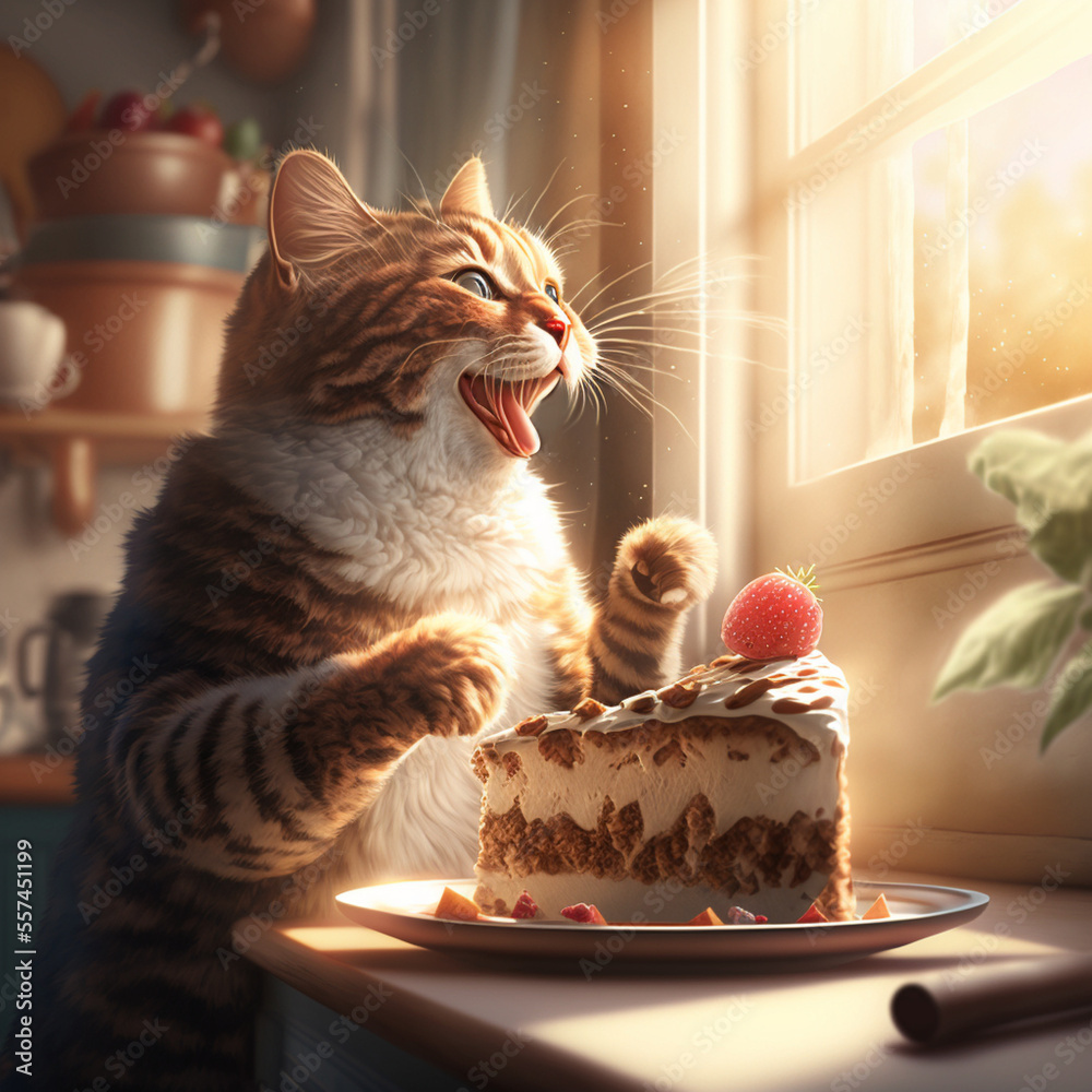 A cheerful cat that is going to eat a delicious piece of cake in the ...