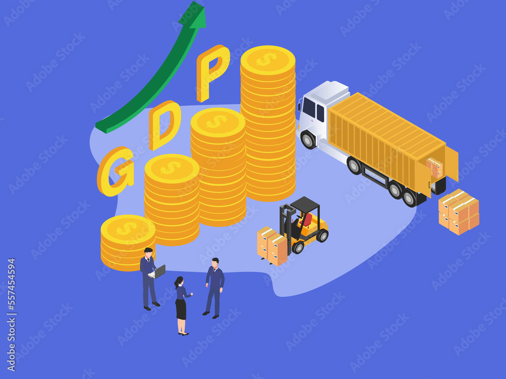 GDP growth with coins, business people, and export-import activity ...