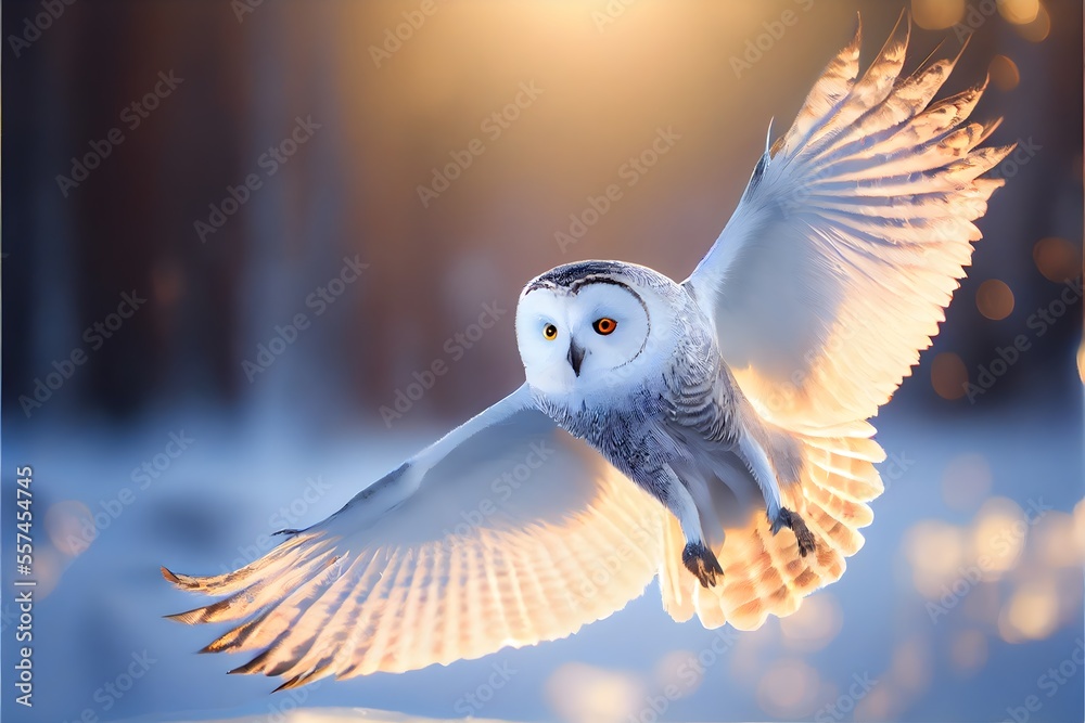 Flying snow owl, beautiful winter Nordic Nature, epic scenery, sunrays ...