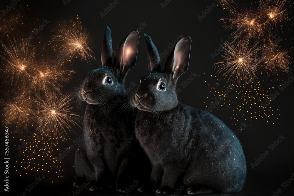 Black rabbits 2023 Chinese New Year. Festive background lights ...