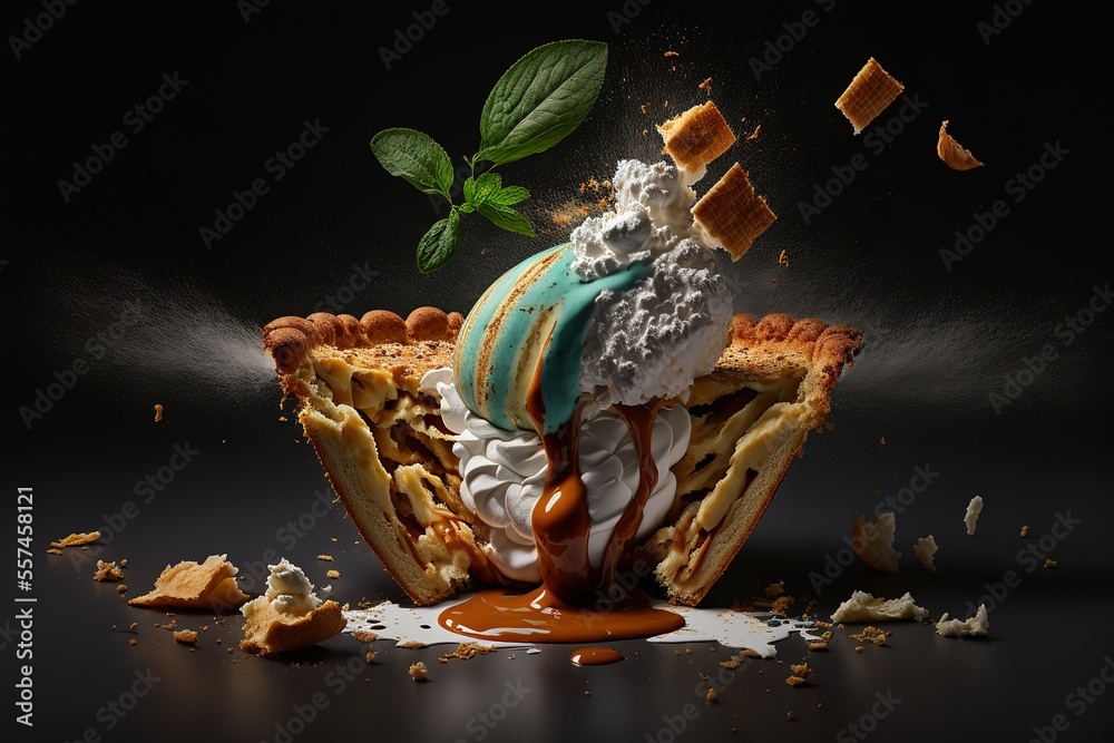 exploded of an apple pie, caramel sause, mint, sugar, photorealistic ...