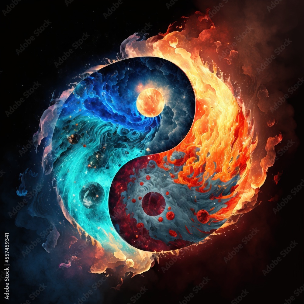 a fire and water yin - yang symbol with a black background and a red ...