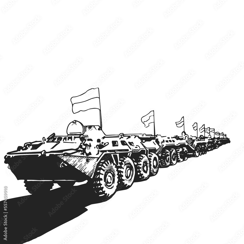 Column of armored cars personnel carrier vehicle hand graphic drawing ...