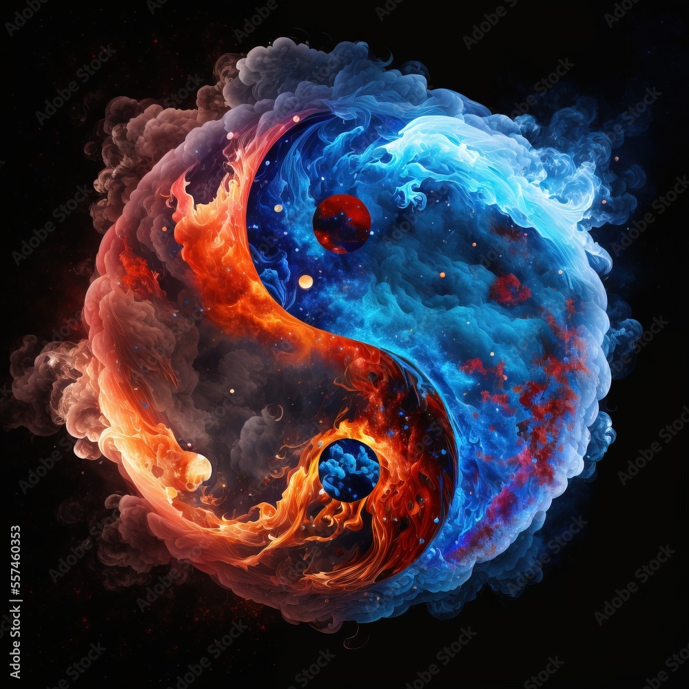 a painting of a blue and red yin - yang symbol on a black background ...
