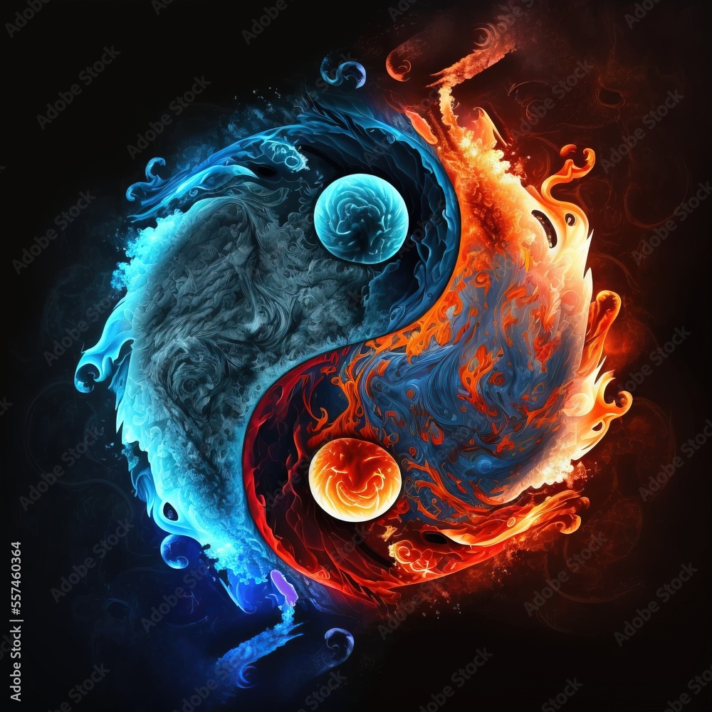 a painting of a fire and water yin - yang symbol on a black background ...