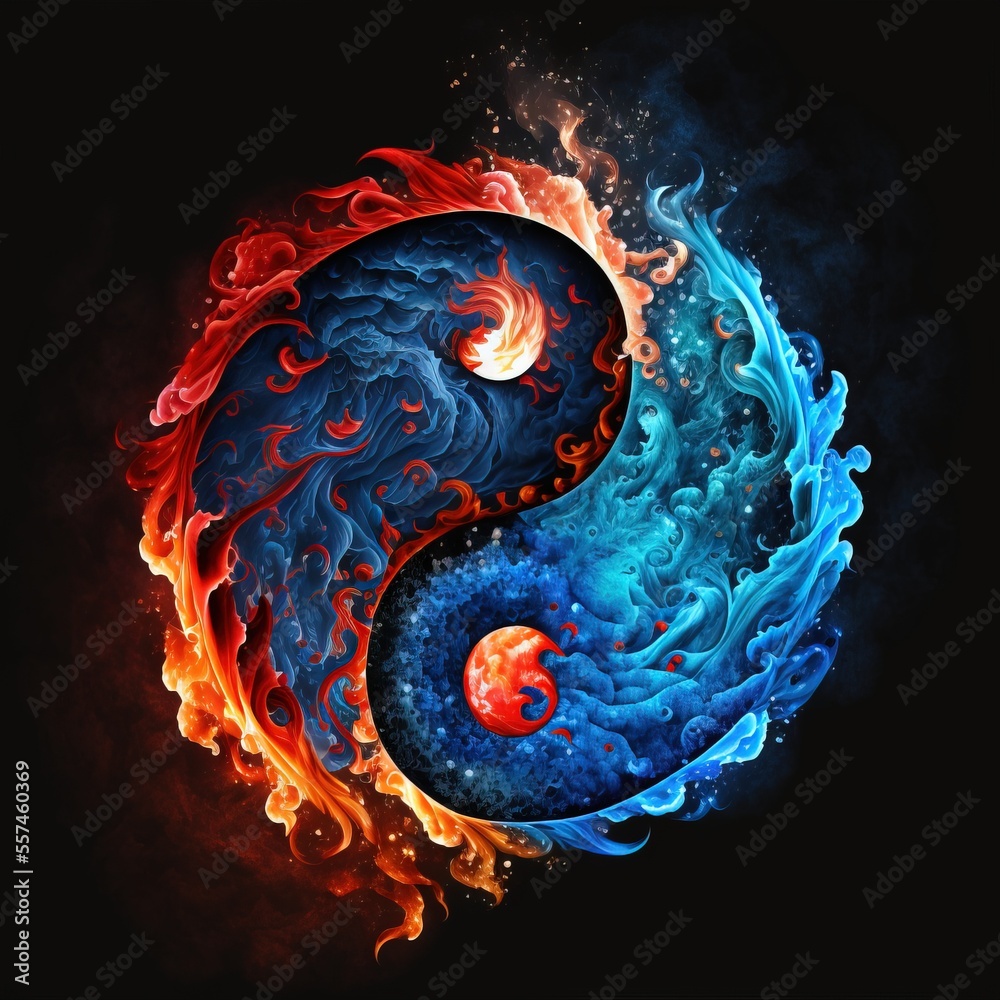 a painting of a fire and water yin - yang symbol on a black background ...