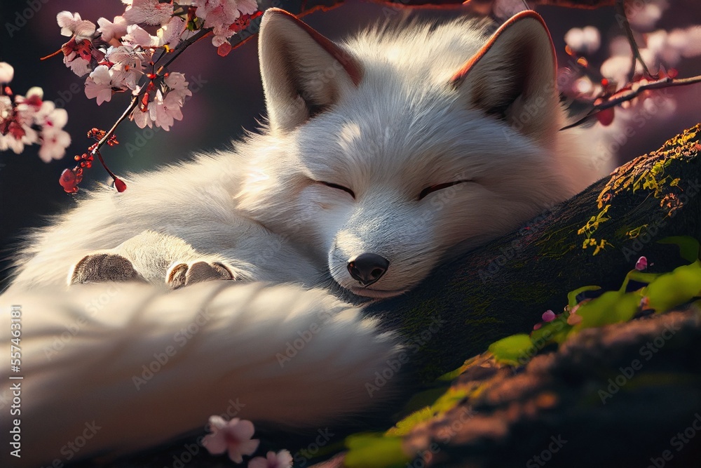 Sleeping white fox under the cherry blossom tree, generative ai Stock ...